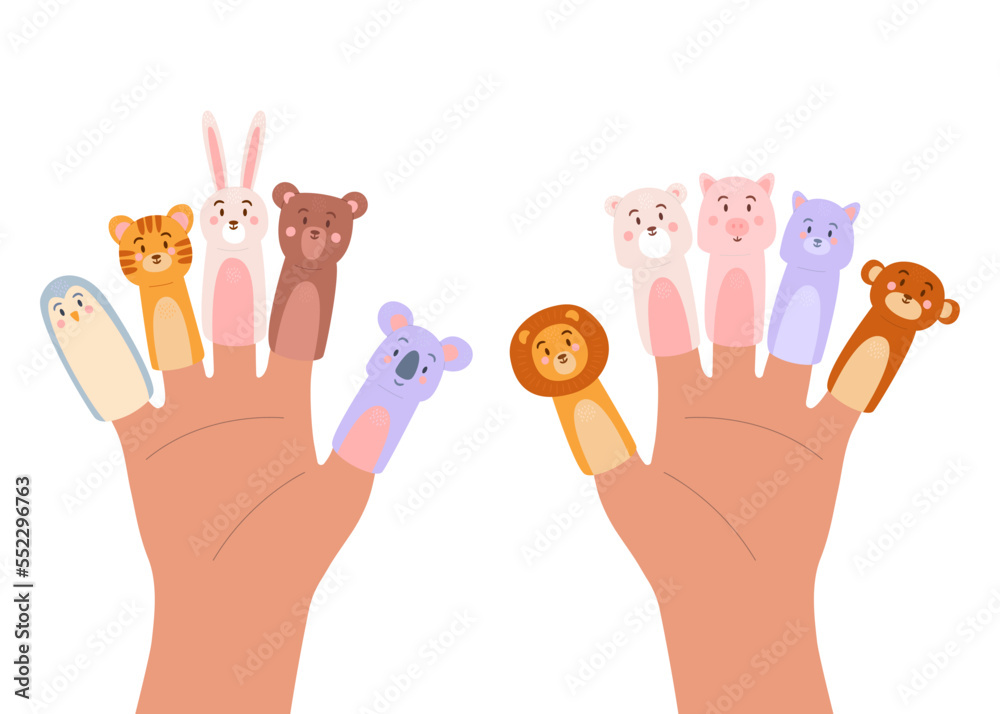 A large set of finger toys in the form of various animals on the hands ...