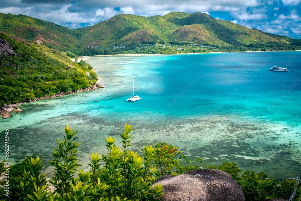 Praslin Seychelles tropical island with withe beaches and palm trees ...