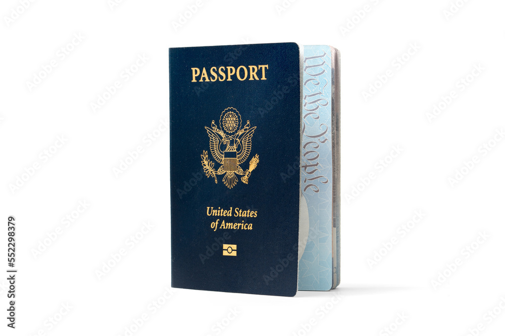 United States Passport Book, with "we the people" showing on white ...