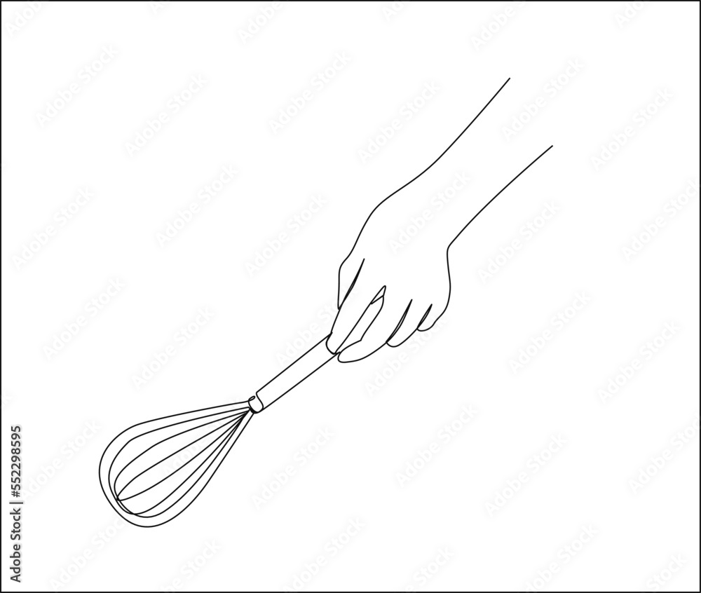 Continuous one line drawing of hand holding whisk egg. Kitchen whisk ...