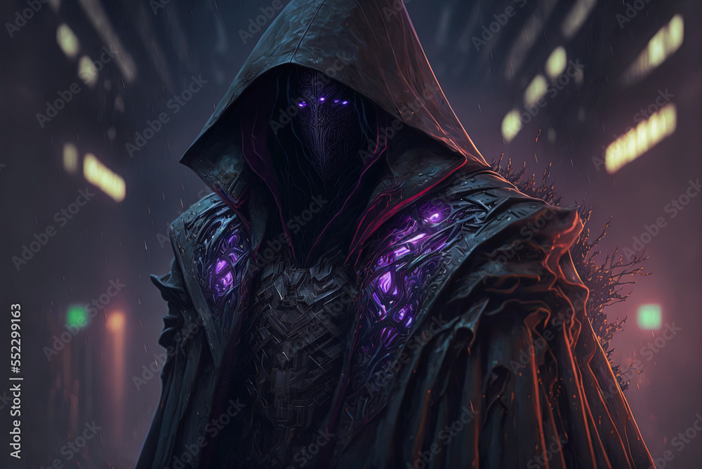 Cyberpunk wizard with a hooded cloak, created by a neural network ...