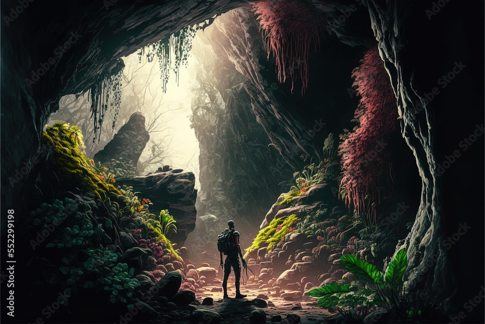 An explorer caver standing inside of a grand cave. The large cave has ...