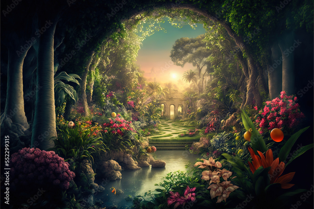 Religious depiction of the gateway to the Garden of Eden. Idyllic ...