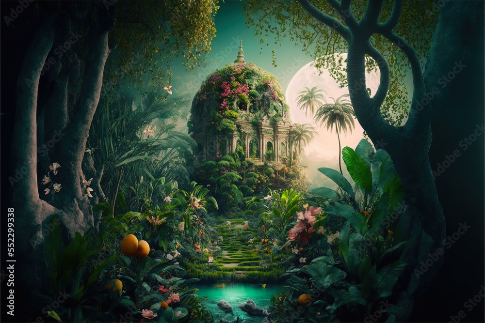 Religious illustration of the entrance of Garden of Eden. Idyllic ...