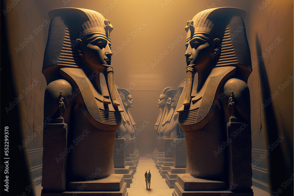 Concept art of ancient Egyptian civilisation inside of a secret hall with giant and majestic ...