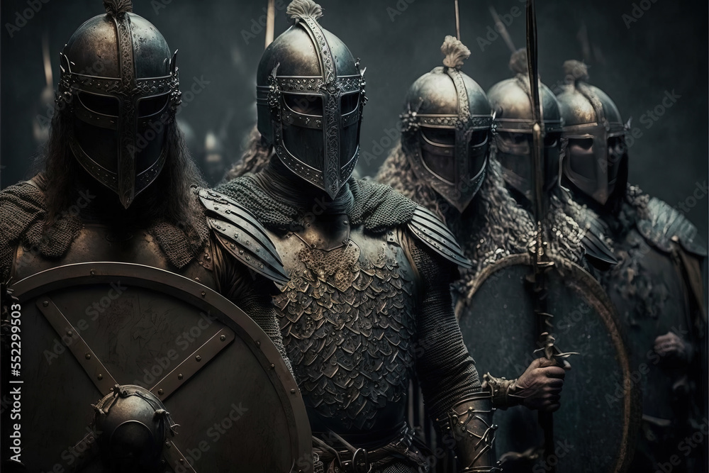 Fierce warriors wearing metal armour and helmets, holding spears and standing in formation ...