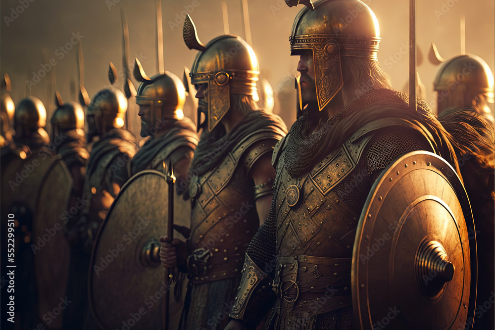 Medieval warriors wearing metal armour and helmets, holding spears and standing in formation ...