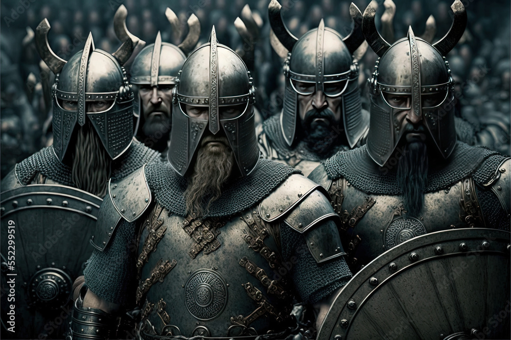 Fierce warriors wearing metal armour and helmets, holding spears and standing in formation ...