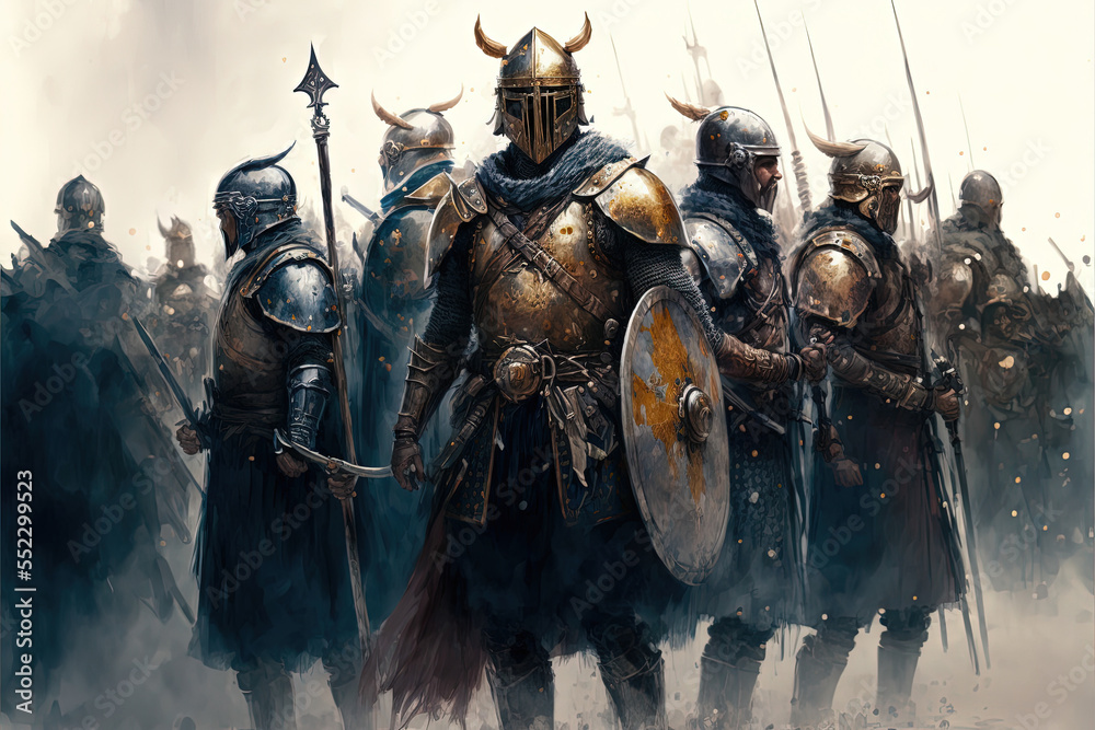 Fierce warriors wearing bronze and steel armour standing in formation ready for combat. Medieval ...