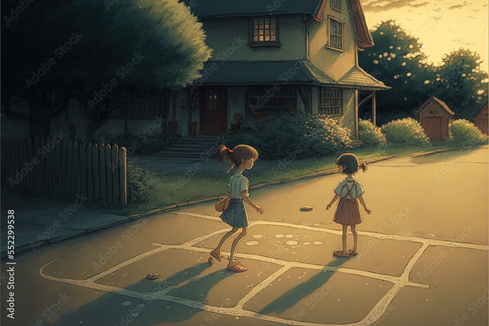 Kids playing hopscotch on the sidewalk on a summer evening. Anime style ...