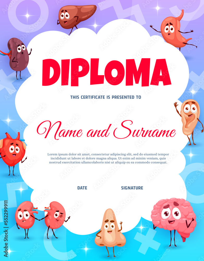Kids diploma of young doctor, cartoon funny human body organs, vector ...