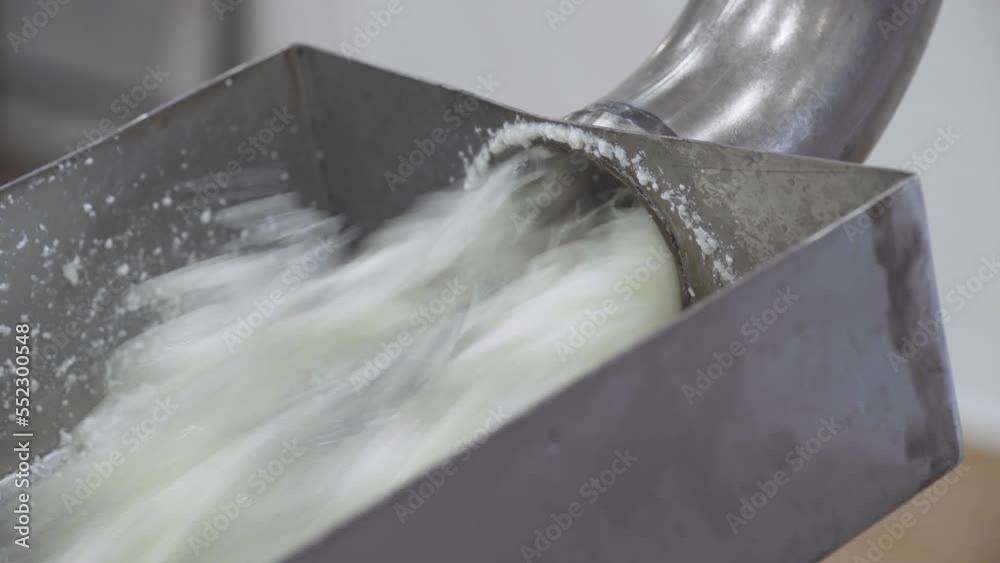 Milky Whey Production Process. Milk Whey Is Pouring From The Tap. Whey ...
