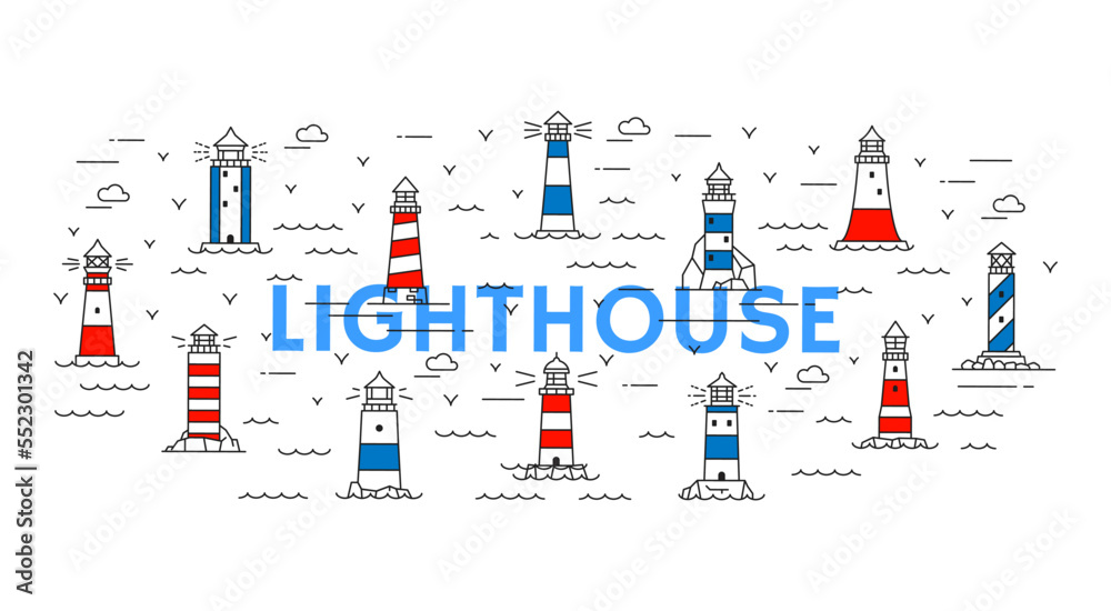 Line sea lighthouses and beacons. Sea travel, sailing safe navigation ...