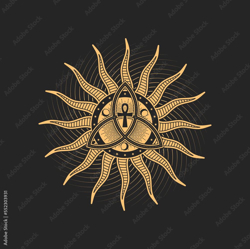Triquetra, crescents and ankh cross inside of sun with radiant rays ...