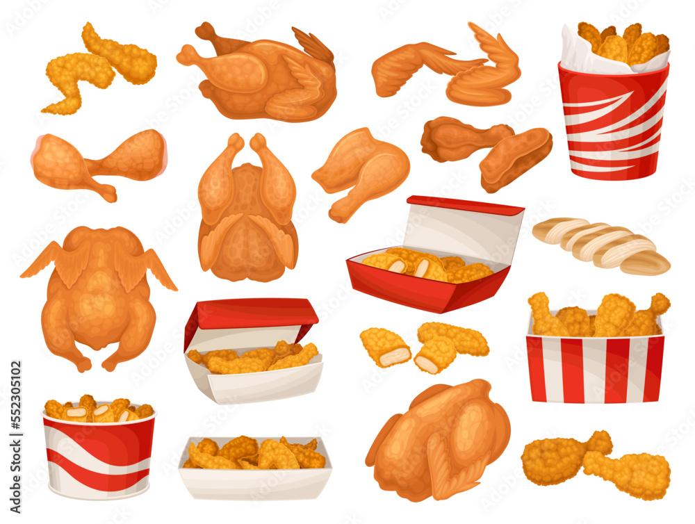 Fast Food Fried Chicken Meat as Crunchy and Crispy Snack Big Vector Set ...