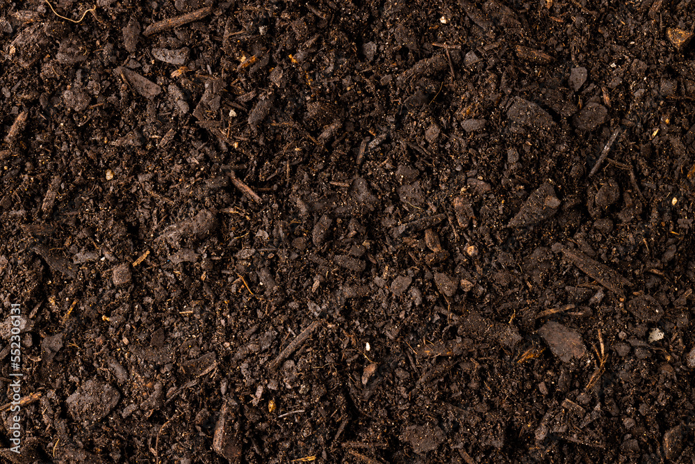 Full frame of dark rich peat soil and bark pieces Stock Photo | Adobe Stock
