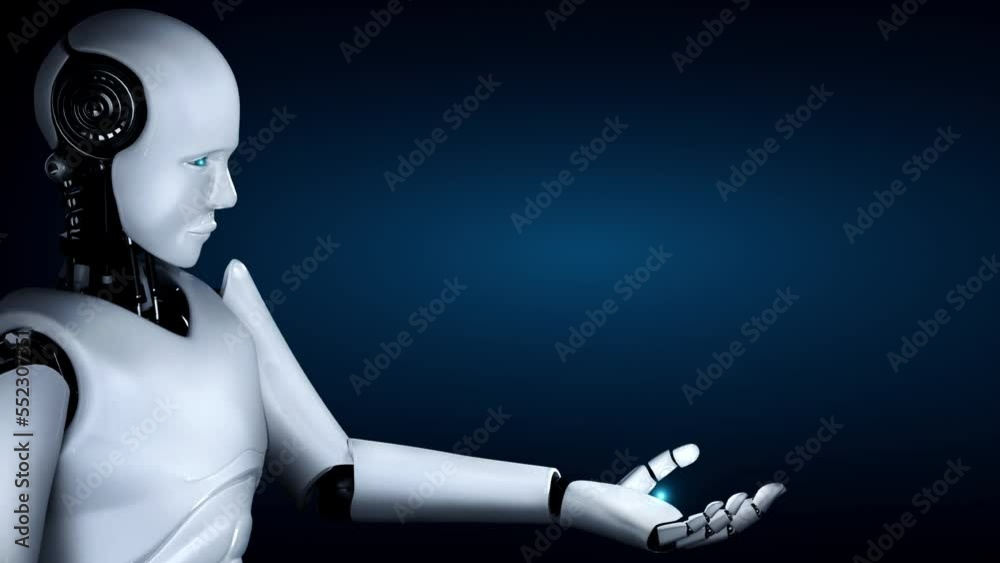 AI hominoid robot holding virtual hologram screen showing concept of AI ...
