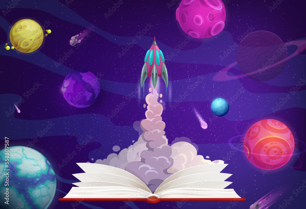 Cartoon space planets, rocket launch from opened book, vector concept ...