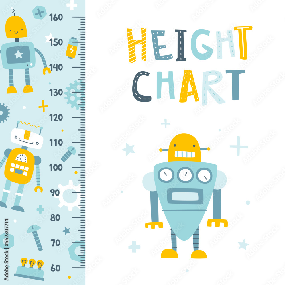 Height chart with cute robots. Cartoon ruler with funny robots. Doodle ...