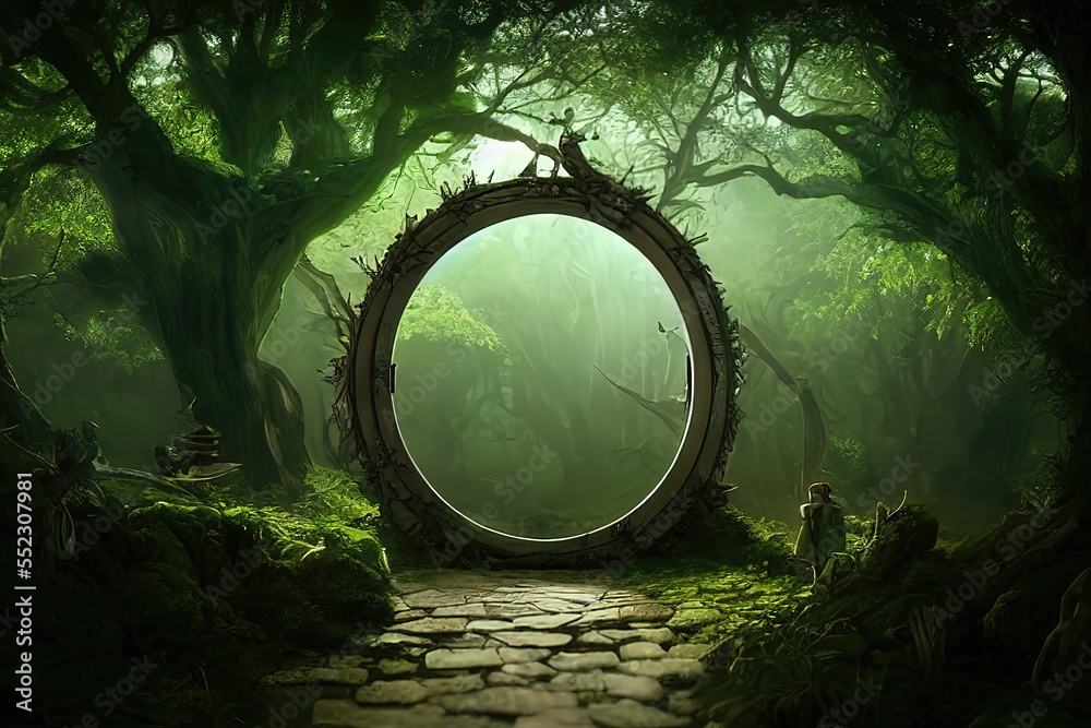 Magical portal with arch made with tree branches in shady green forest ...