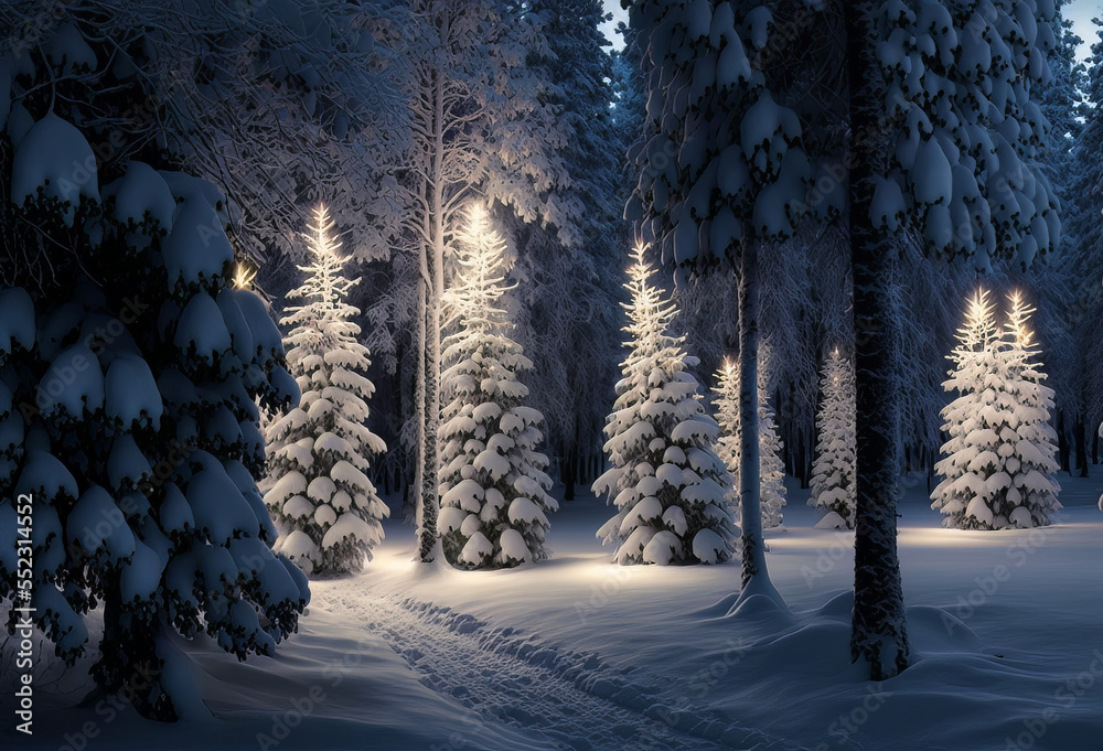 Trees covered in snow and frost. Winter wonderland scene. generative ai ...