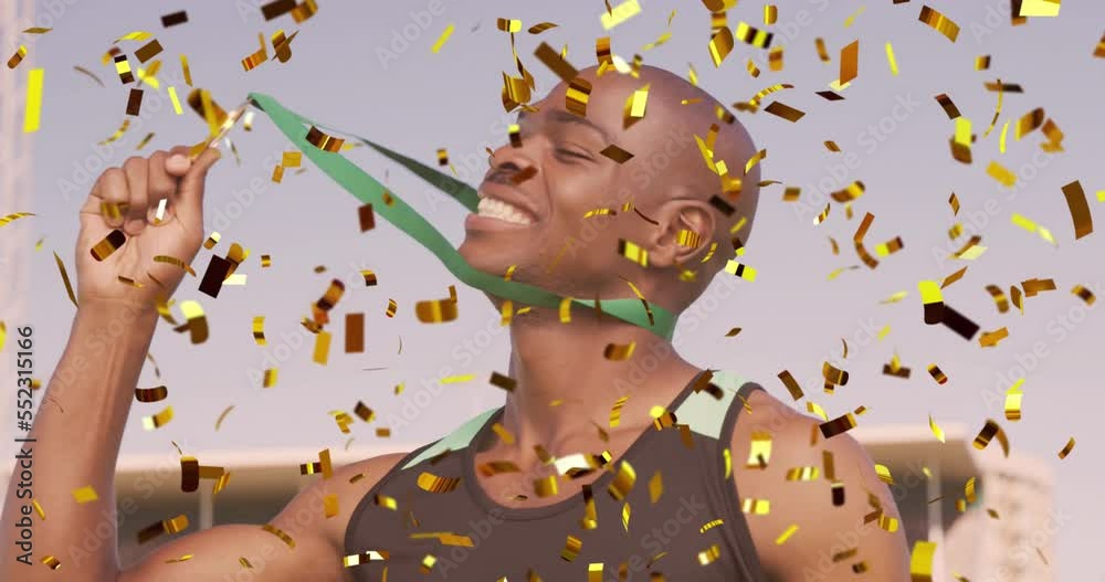 Animation of gold confetti falling over african american man holding ...