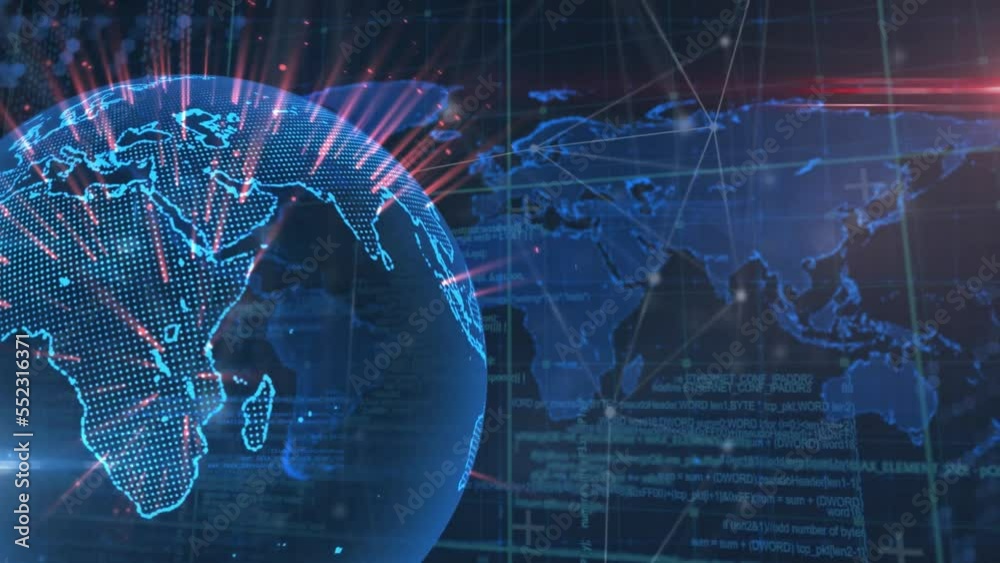 Animation of connected dots over rotating globe over map, lens flares and programming language ...