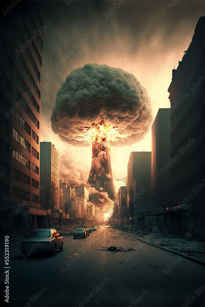 Generative AI illustration of atomic bomb explosion in city Stock Illustration | Adobe Stock