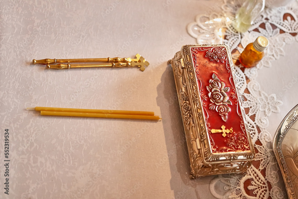 Cult objects for the rite of anointing and consecration. Stock Photo ...