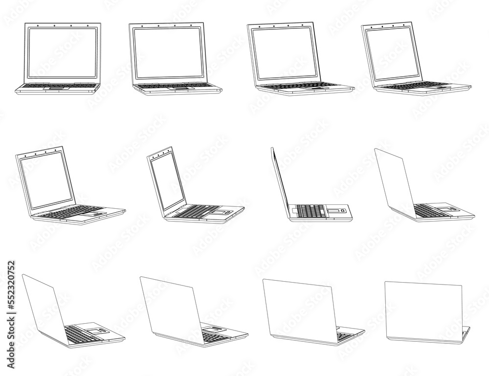 Set with contours of an open laptop turning around from black lines ...