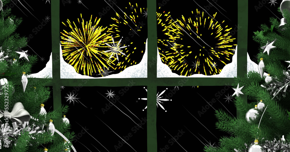 Image of window with christmas trees and fireworks exploding in night ...