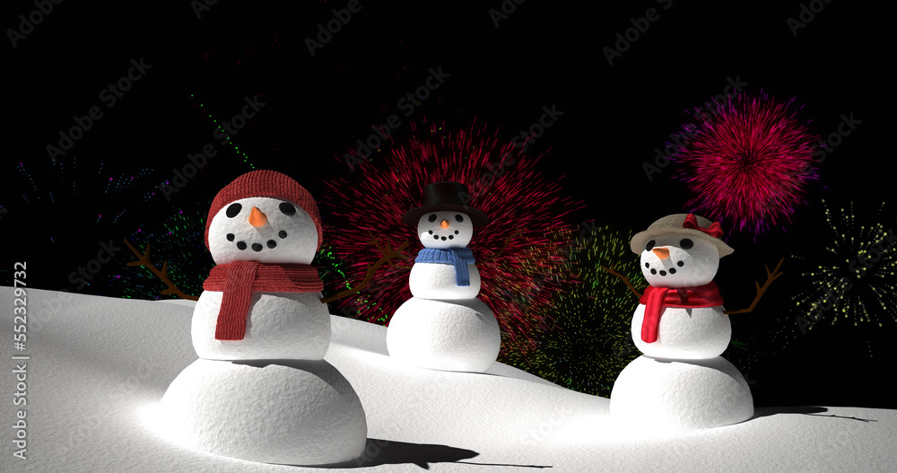 Image of colourful fireworks exploding over christmas snowmen on black ...