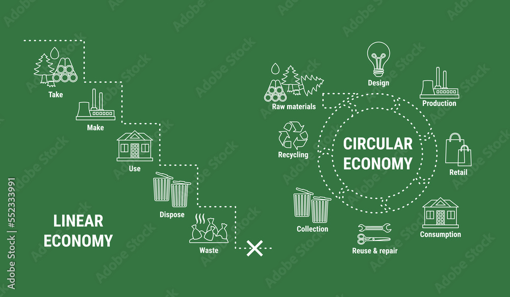 Comparison of linear and circular economy infographic in line style on green background ...