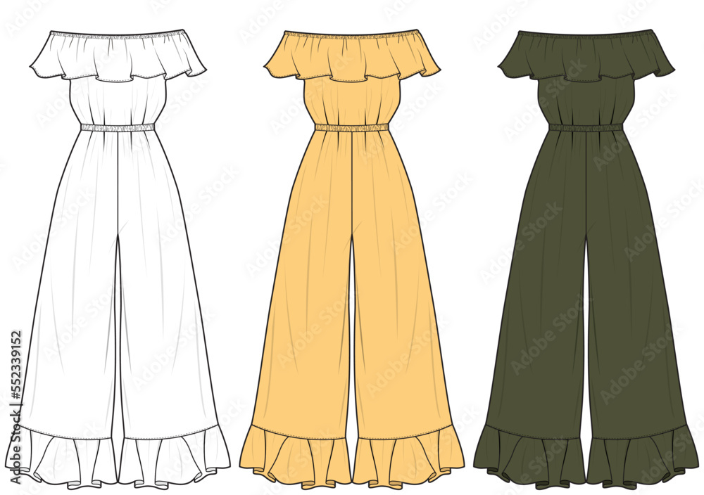 womens ruffle off shoulder wide leg jumpsuit flat sketch vector ...