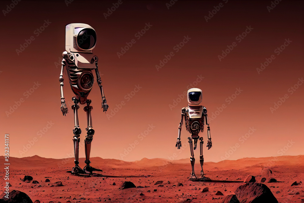 Robot astronaut. Robots on the planet Mars. Futuristic interpretation ...