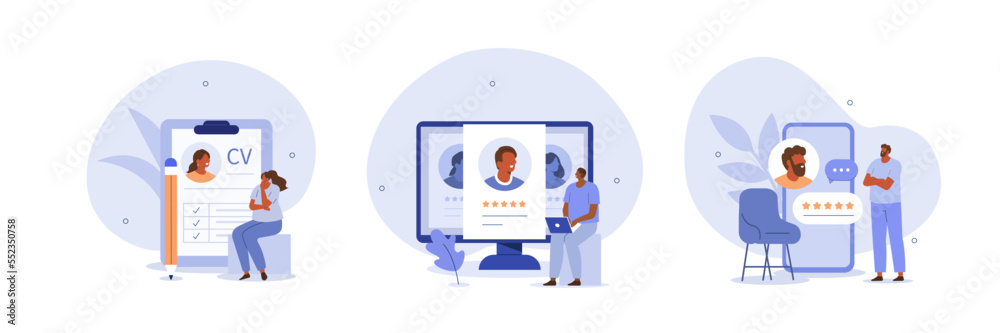 Hiring illustration set. Hr manager searching potential job candidates ...