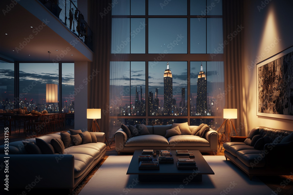 Generative AI illustration of luxury penthouse at night Stock ...