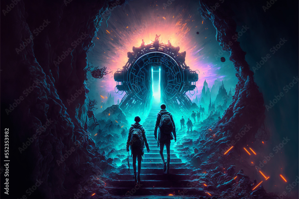 Two cyberpunk space travelers ascending stairs to explore the ruins of ...