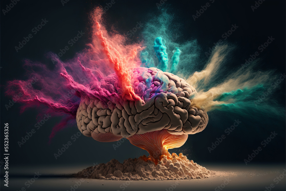 Concept art of a human brain exploding with knowledge and creativity ...