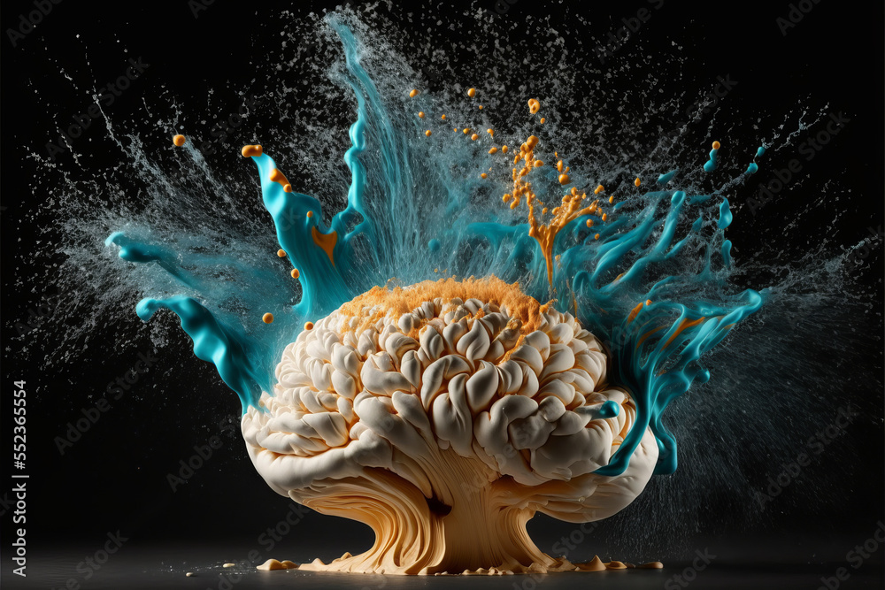 Concept art of a human brain exploding with knowledge and creativity ...