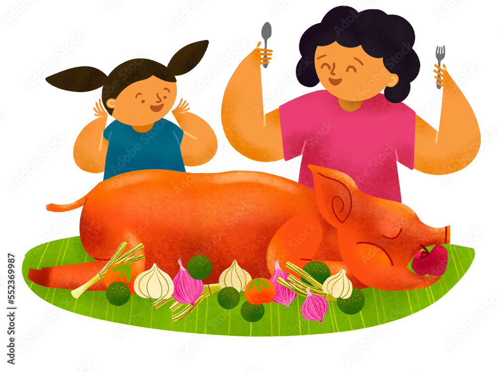 Filipino mother and daughter eating lechon roasted pig Stock ...