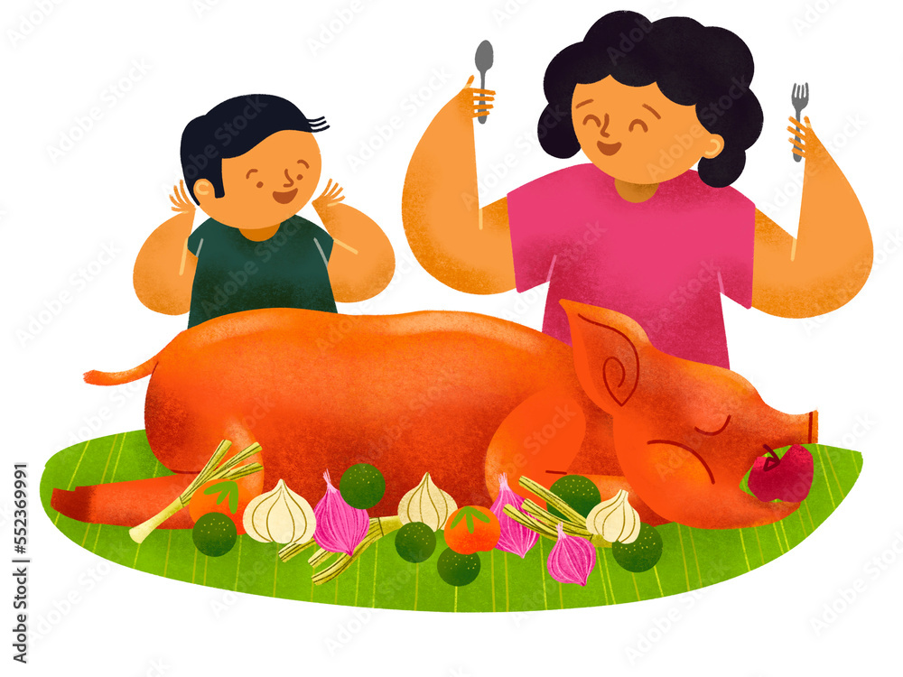 Filipino mother and son eating lechon roasted pig Stock Illustration ...