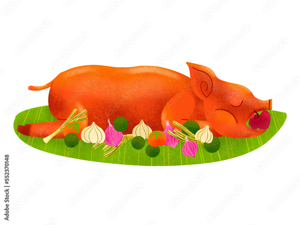 Filipino lechon roasted pig with vegetables on banana leaf Stock ...