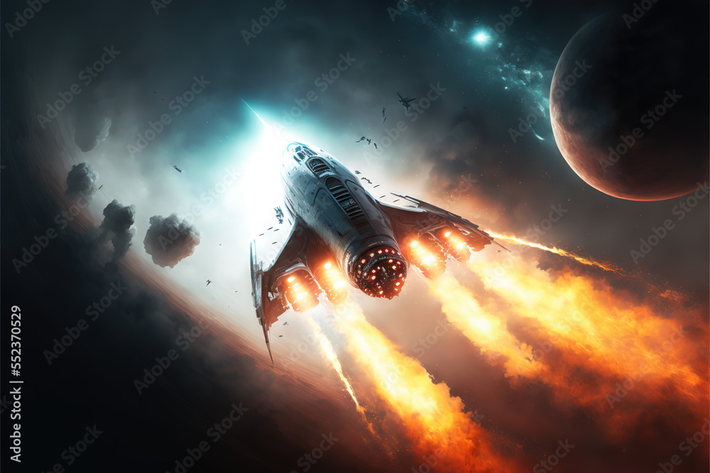 Space Shooter - Takeoff - A sleek silver spacecraft rises from a ...