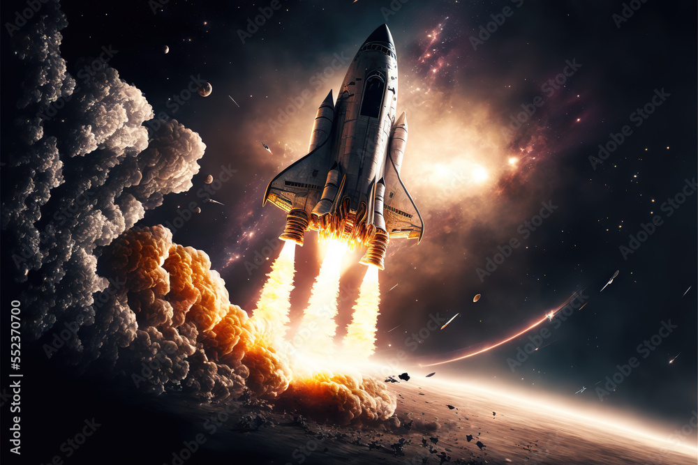 ภาพประกอบสต็อก Space Shooter - Takeoff - A sleek silver spacecraft ...