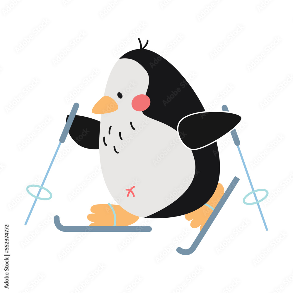 Cute penguin skiing with ski poles, cartoon character vector ...