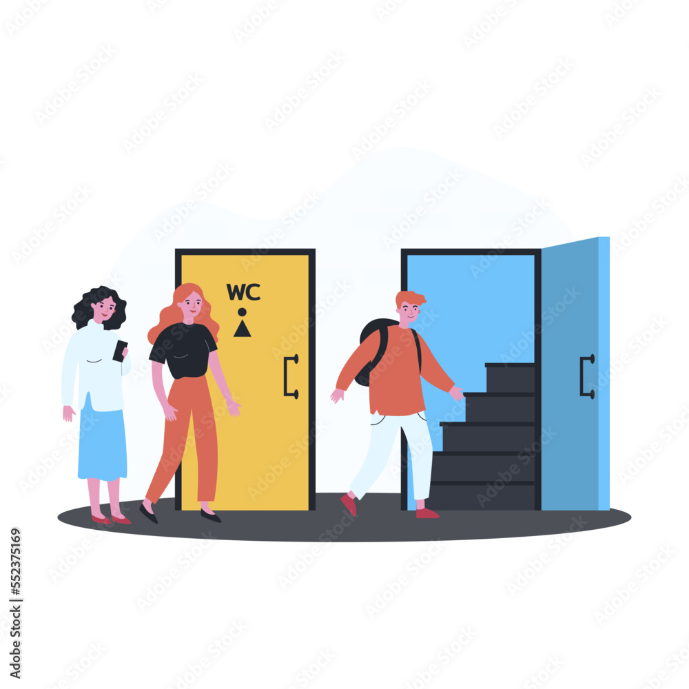 Queue to men and women restrooms. Flat vector illustration. Women ...