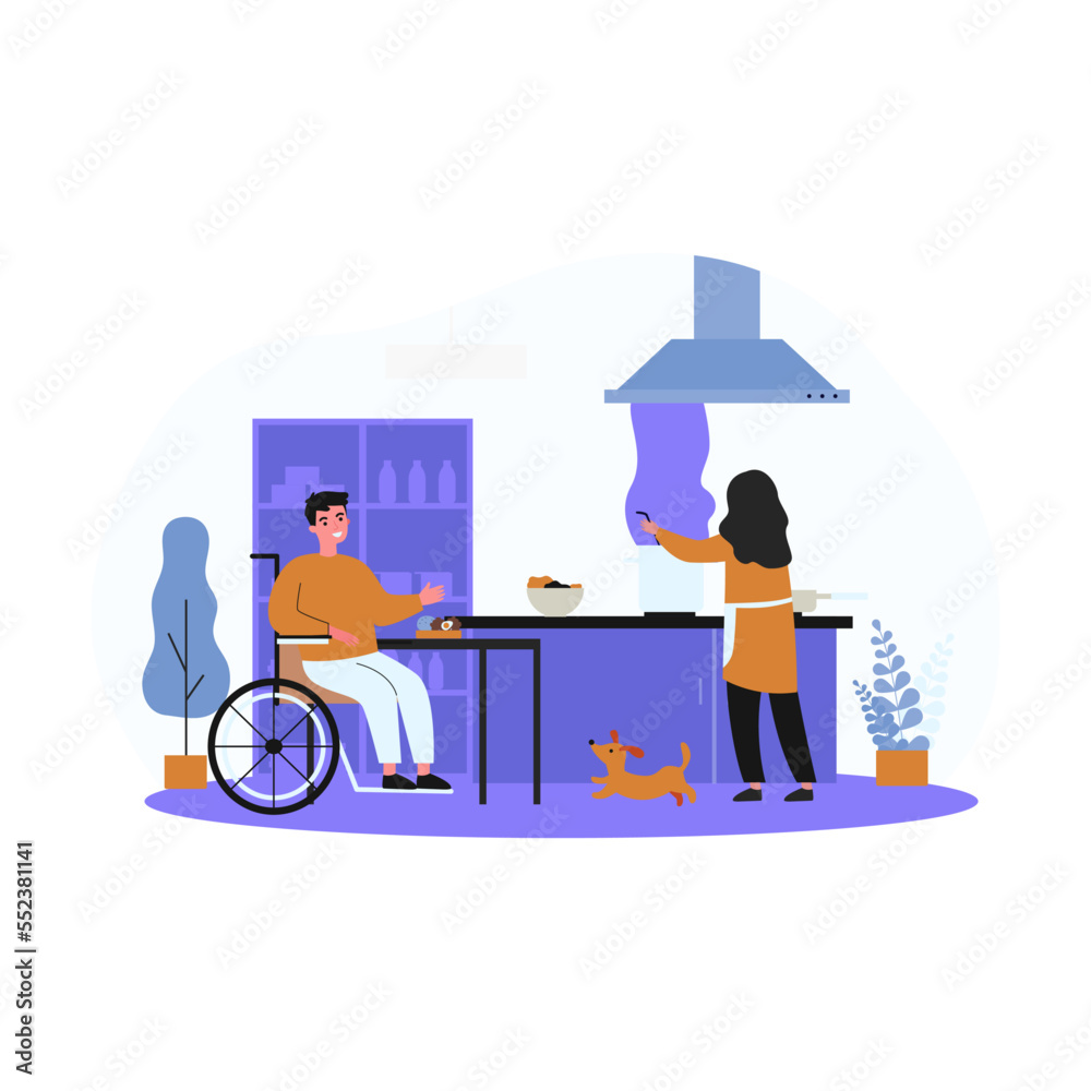 Wife cooking for her husband with disability. Cartoon vector ...