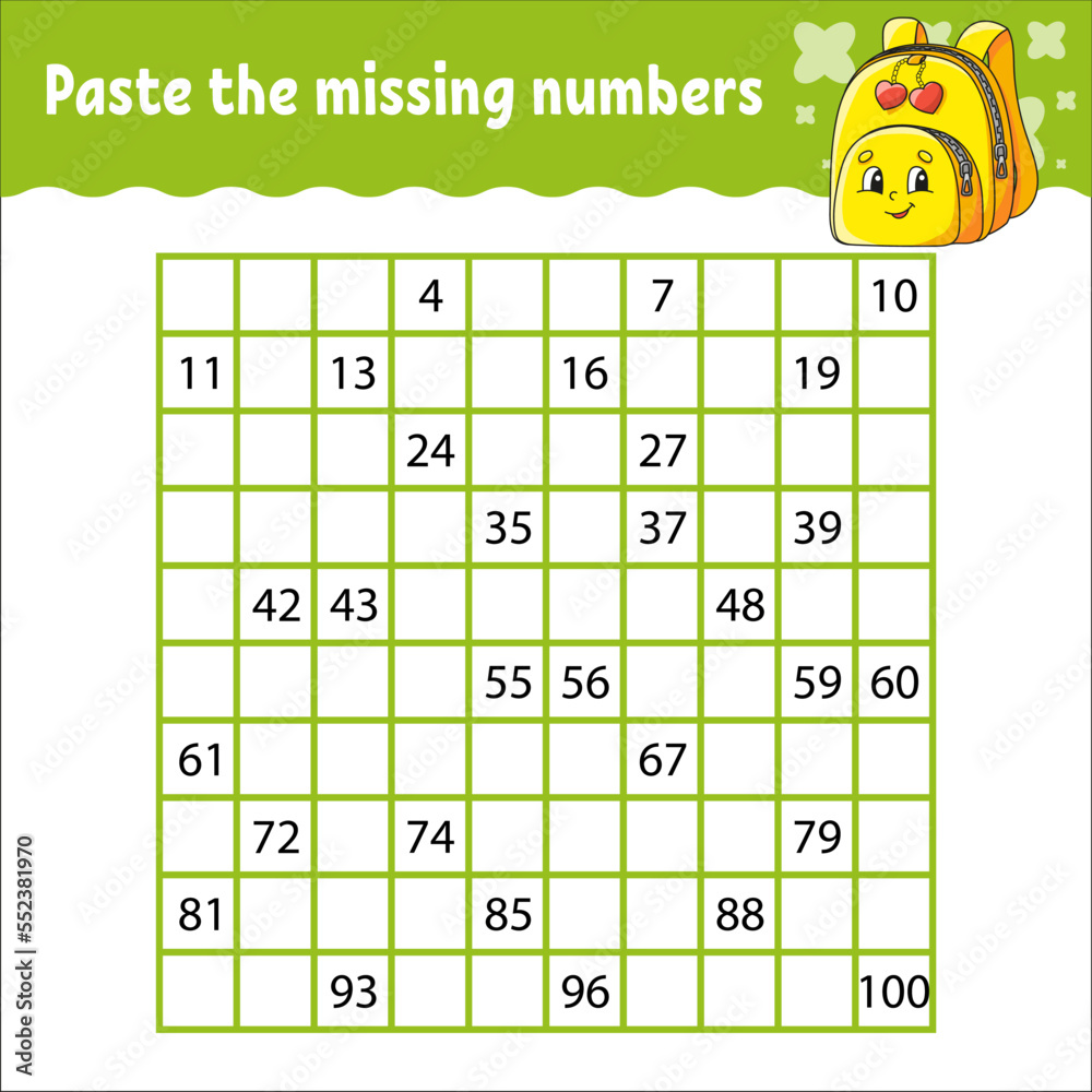 Paste the missing numbers from 1 to 100. Handwriting practice. Learning ...