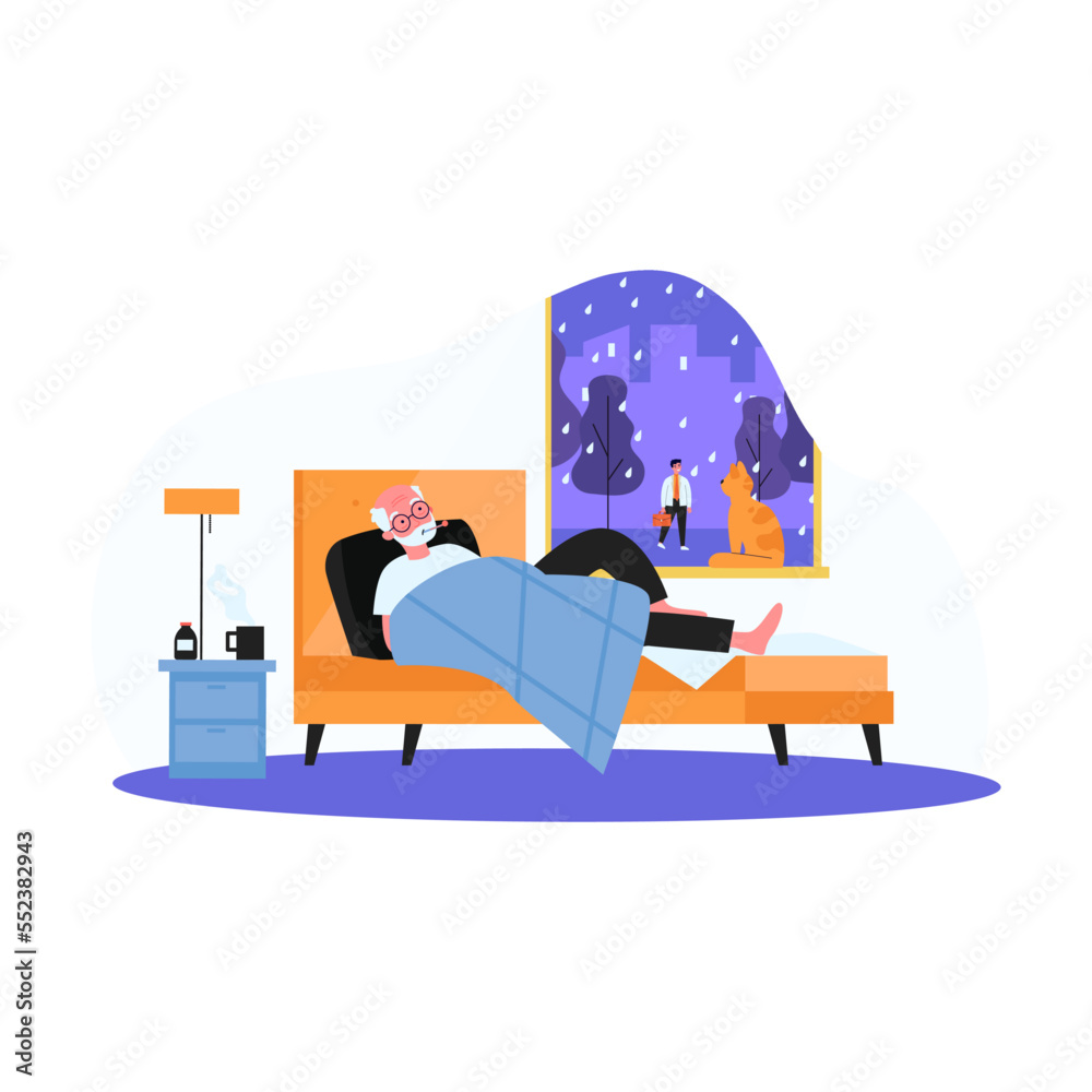 Cartoon old man with fever lying in bed. Flat vector illustration. Male ...